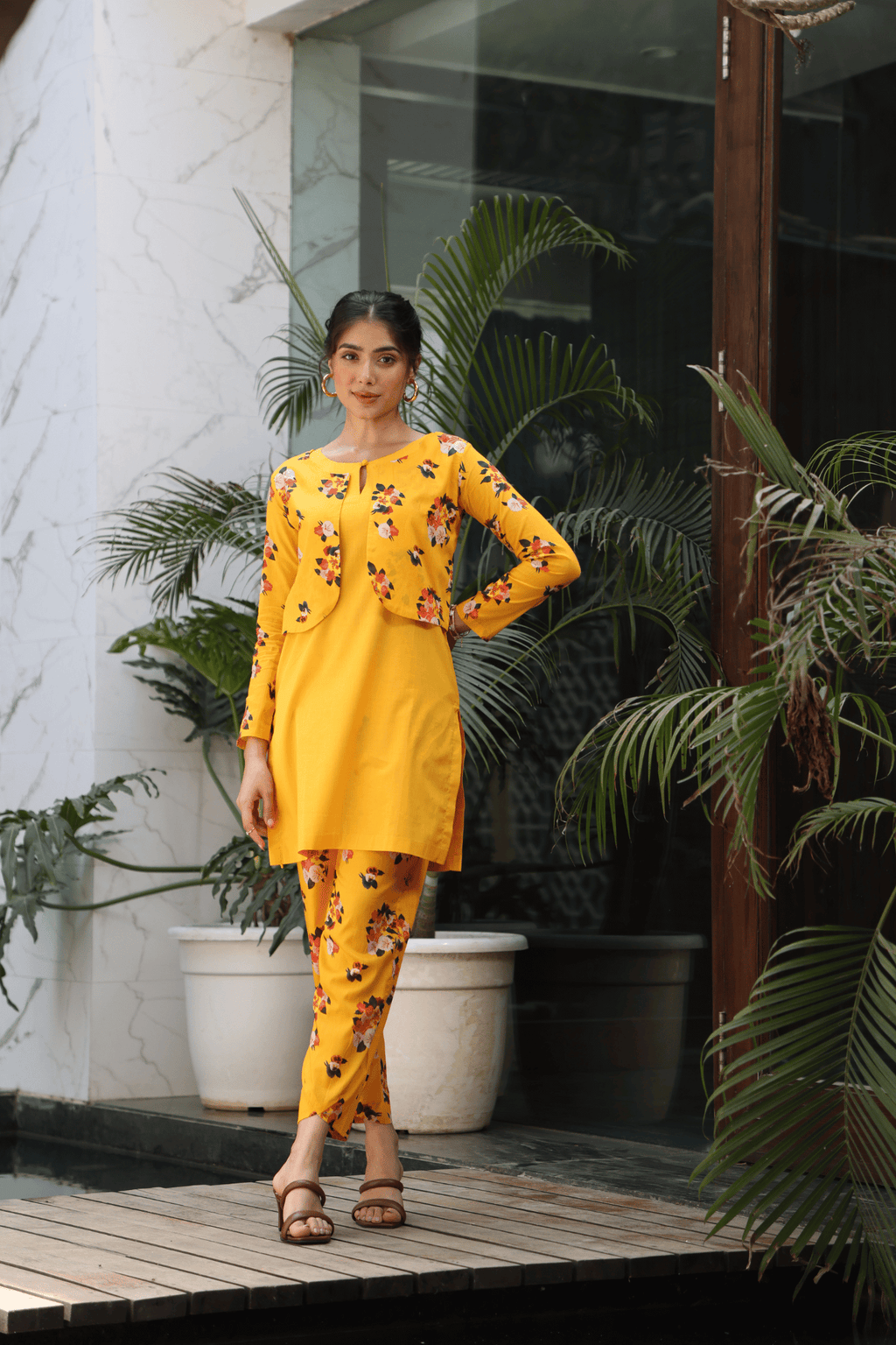 SAFFRON YELLOW CO ORD SET WITH PRINTED JACKET & BOTTOM – House Of Shrusha