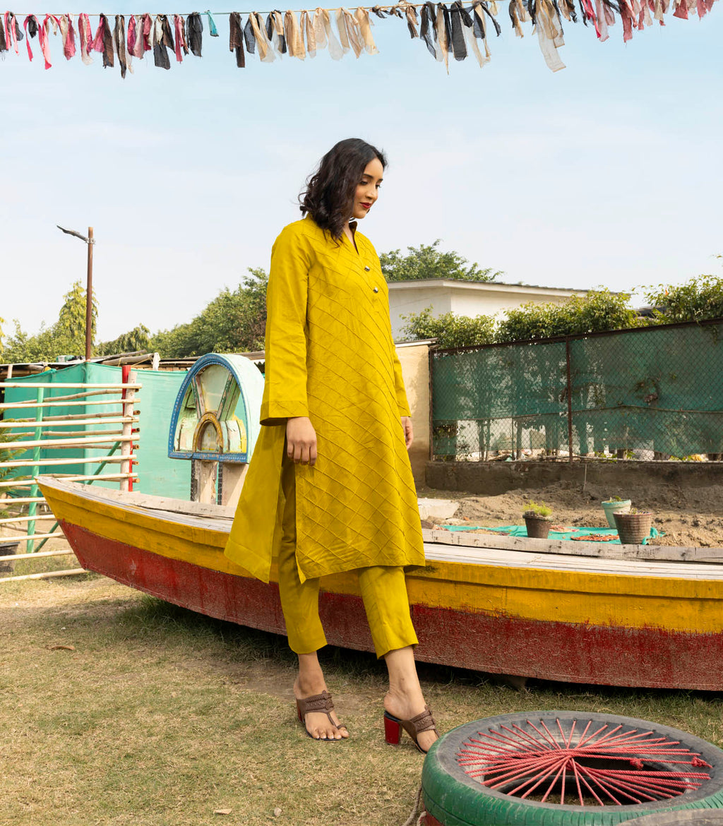 Olive Green Cotton Long Kurta – House Of Shrusha