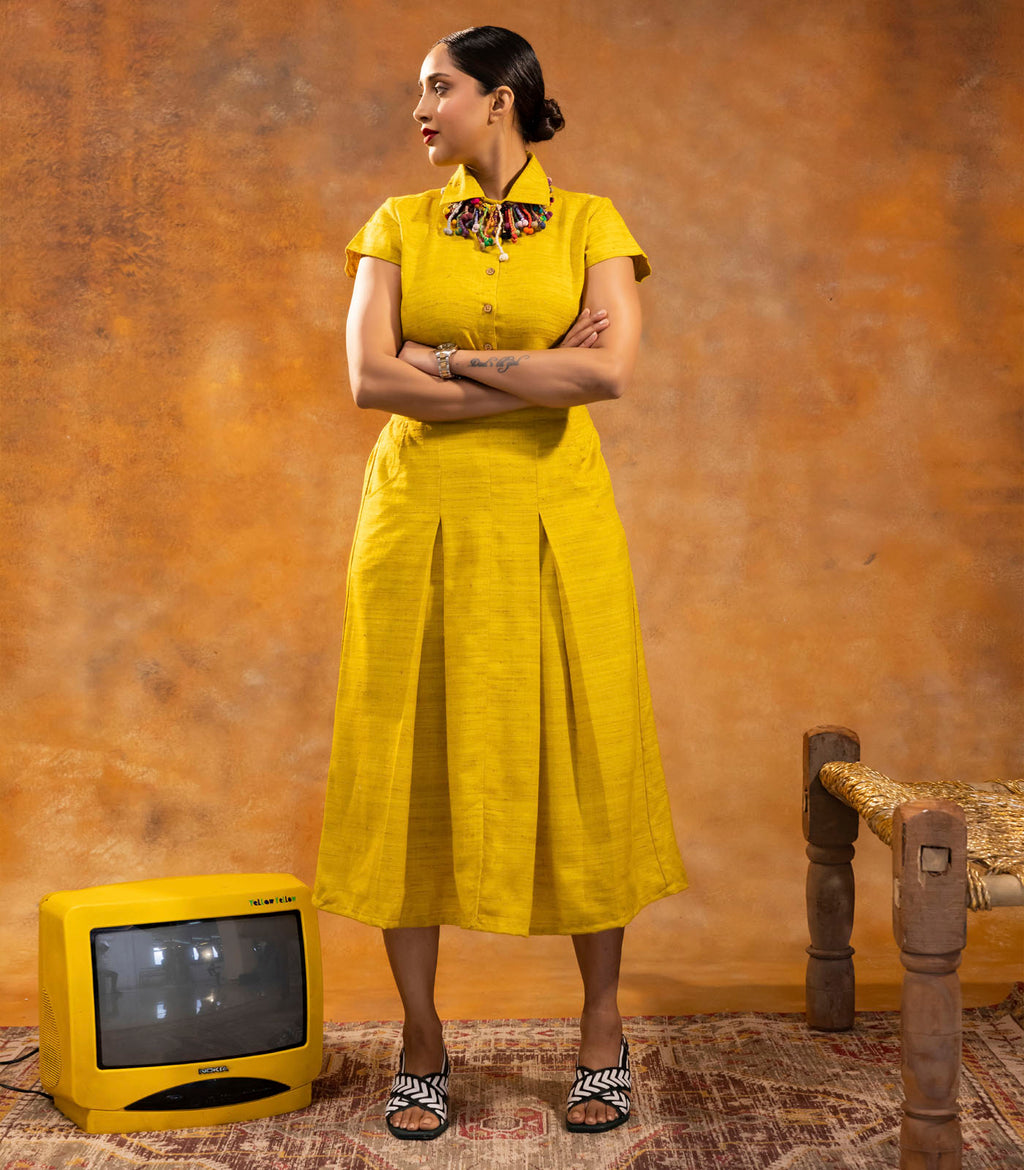 Mustard Yellow Box Pleat Skirt & Shirt Set – House Of Shrusha