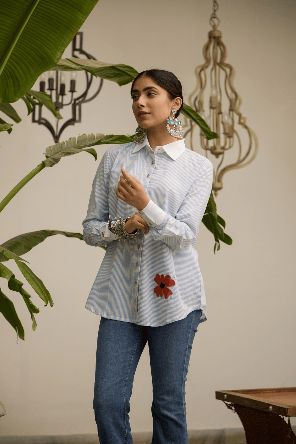 Blue Striped Cotton Shirt with Red Flower Patch Dariya – House Of Shrusha